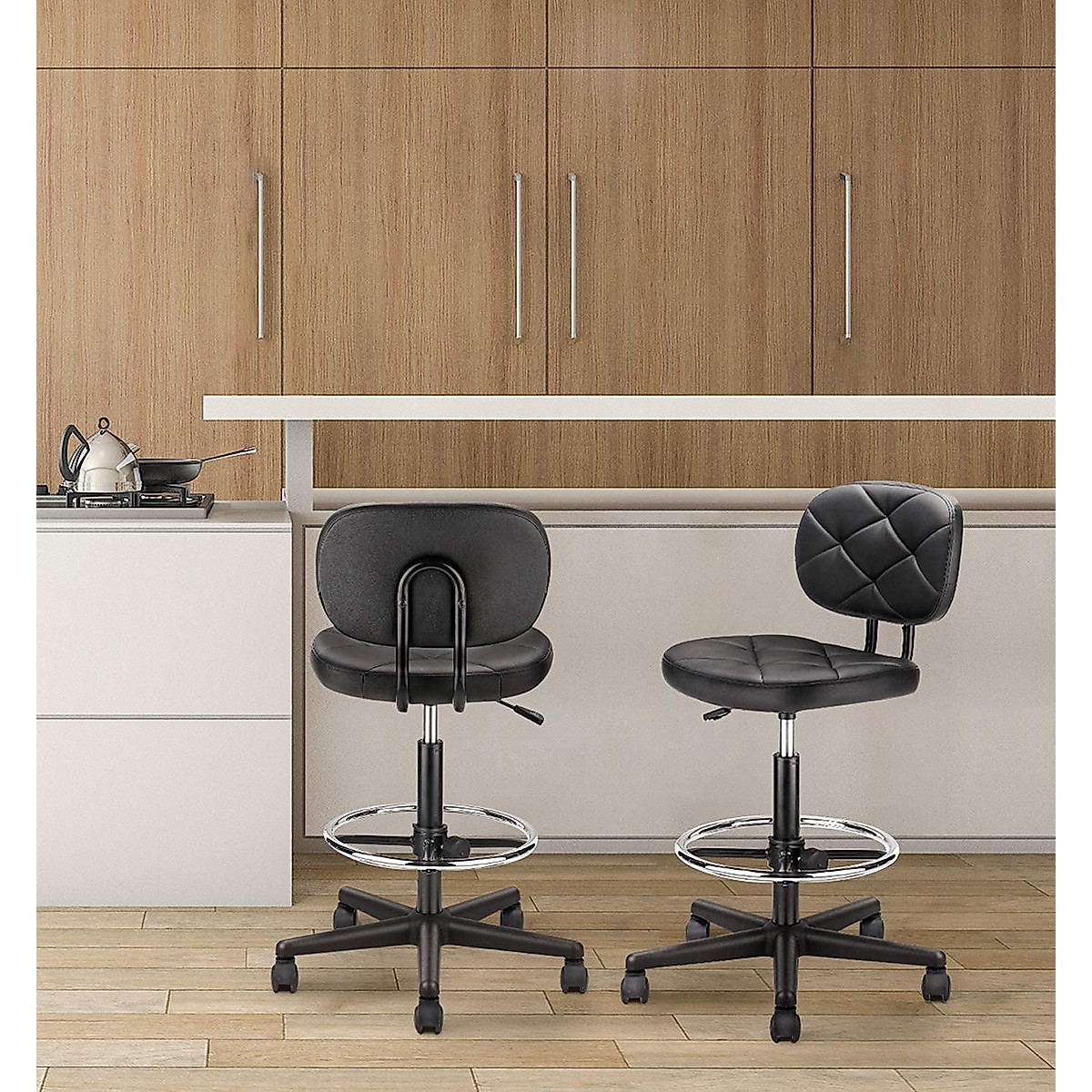 KLASIKA PU Faux Leather Drafting Rolling Stool Chair with Seat Height Adjustable 30 inch Fixed Back Support Adjustable Foot Ring for Office Home Plaid Checked Pattern (1 Pack-New)