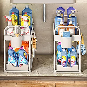 2-Tier Under Sink Organizer, PXRACK Sliding Under Bathroom Cabinet Storage Drawer Basket Organizer Rack with Hooks, Hanging Cup, Handles, Under Sink Shelf Organizer for Bathroom, Kitchen