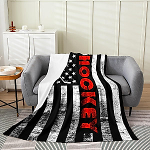 Ice Hockey Throw Blanket Throw 50x60,Puck Hockey Sport Games Blanket for Kids Boys Teens Men,Black White American Flag Fleece Blanket,Retro United States Flag Flannel Blanket Living Room Decor