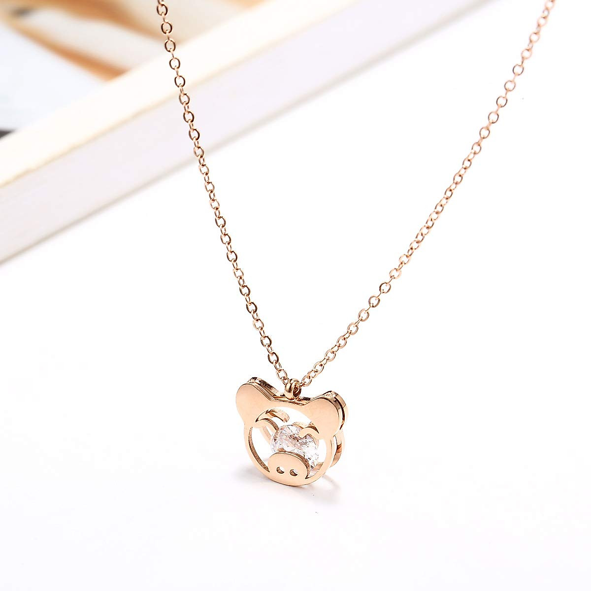 Caiyao Cute Pig Pendant Necklace Rose Gold Sweet Animal Necklace Gift for Women(with crystal)