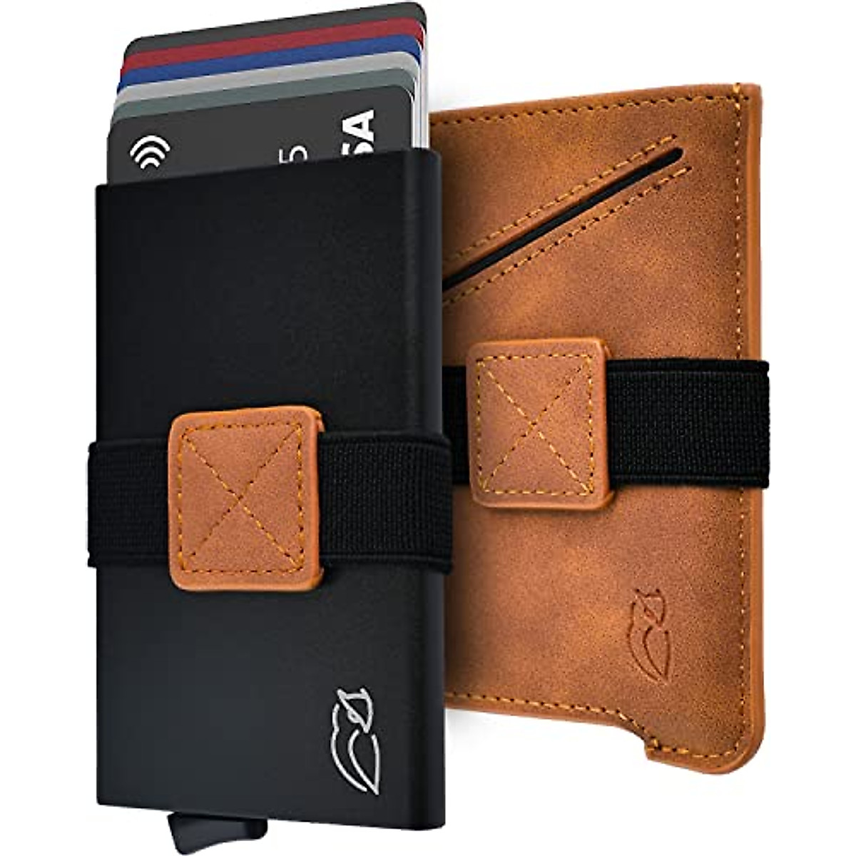 Minimalist Wallet for Men and Women - Mens Wallets RFID Blocking Wallet Hybrid Ejector Wallet for Men Credit Card Holder for Women Best Front Pocket Wallet Quick Card Access EDC Gear (Saddle Brown)