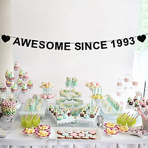 Awesome Since 1993 Banner Happy 29th Birthday Decorations Black Glittery Heart Theme Decor for Men Women 29 Twenty Nine Years Old Birthday Party Supplies Backdrop Pre-strung