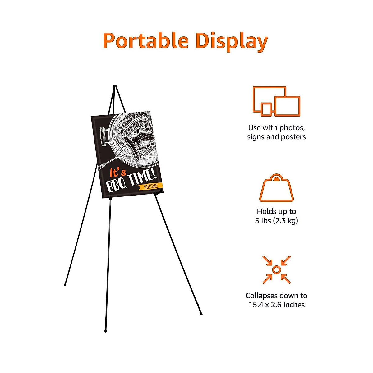 Amazon Basics Easel Stand, Instant Floor Poster, Lightweight, Collapsible and Portable with Tripod Base, Black Steel(supports 5 pounds)
