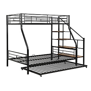 Jintop Twin Over Full Size Metal Bunk Bed with Trundle and Storage Staircase,Bedroom Heavy Duty Bed Frame W/Full-Length Guardrail,Save Space,for Kid Boy Girl Adult,Black