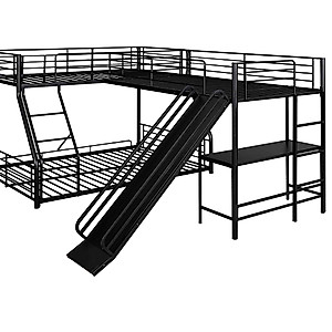 ATY L Shaped Full Bunk Bed with Twin Size Loftbed, Metal Bedframe w/Built-in Desk and Slide, for 3 People, Save Space Design, No Box Spring Required & Easy Assembly, Black