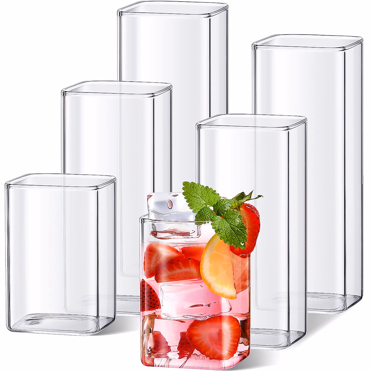 Set of 6 Square Drinking Glasses 8 oz 13 oz 17 oz Square Glass Cups Tumbler Clear Tall Cute Cocktail Glasses Thin Bar Glassware Highball Water Glasses for Iced Tea Juice Beer Coffee Mixed Drink