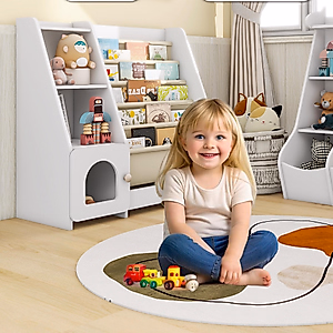 Montessori Kids Bookshelf, 5 Sling Baby Bookcase, 4 Tier Display Shelves, Wooden Book Rack, Toddler Toy Storage Organizer Cabinet, Floor Children Bookshelf Nursery Playroom Bedroom Library, White