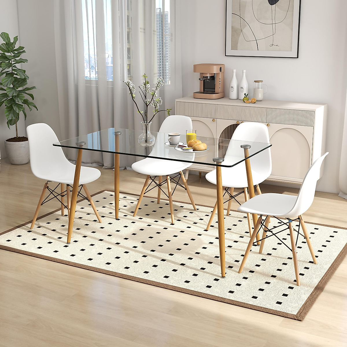Tangkula Dining Table Set for 4, Modern Kitchen Table and Chairs Set of 4, Glass Dining Room Table Set for Small Living Room, Kitchen