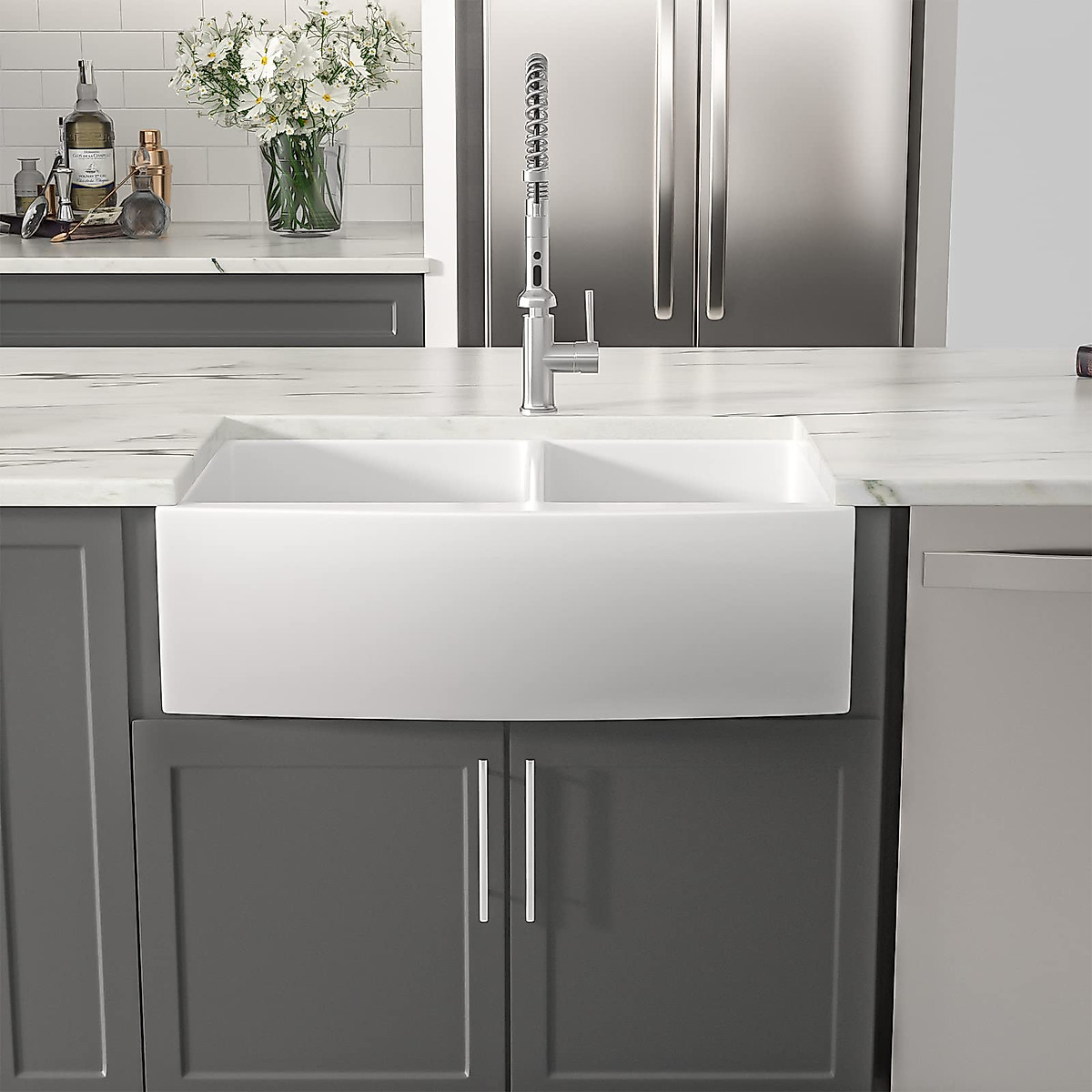 33 Farmhouse Sink Double Bowl, Dcolora 33 Inch Farm Kitchen Sink Apron Front Double Bowl 60/40 White Fireclay Ceramic Farm Kitchen Sink Basin (33"x21"x10")