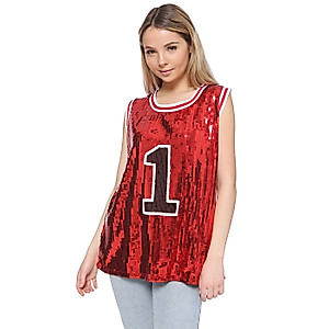 Anna-Kaci Sparkle Glitter Hip Hop T-Shirt Top Tunic Basketball Sequins Tank Vests, Red, Large
