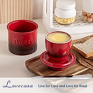 Porcelain French Butter Crock, LOVECASA Butter Dish for Counter with Water Line, Butter Keeper with Lid, Ceramic Butter Container, No More Hard Butter, Perfect Spreadable Consistency(Red)
