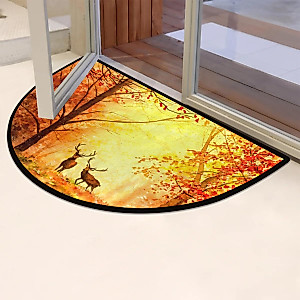 Half Round Door Mat Fall Deer Washable Half Circle Area Rugs Christmas Deer Non Slip Half Moon Rug Semi Circle Bathroom Rugs Floor Carpet for Kithen Bedroom Indoor Fireplace Decor