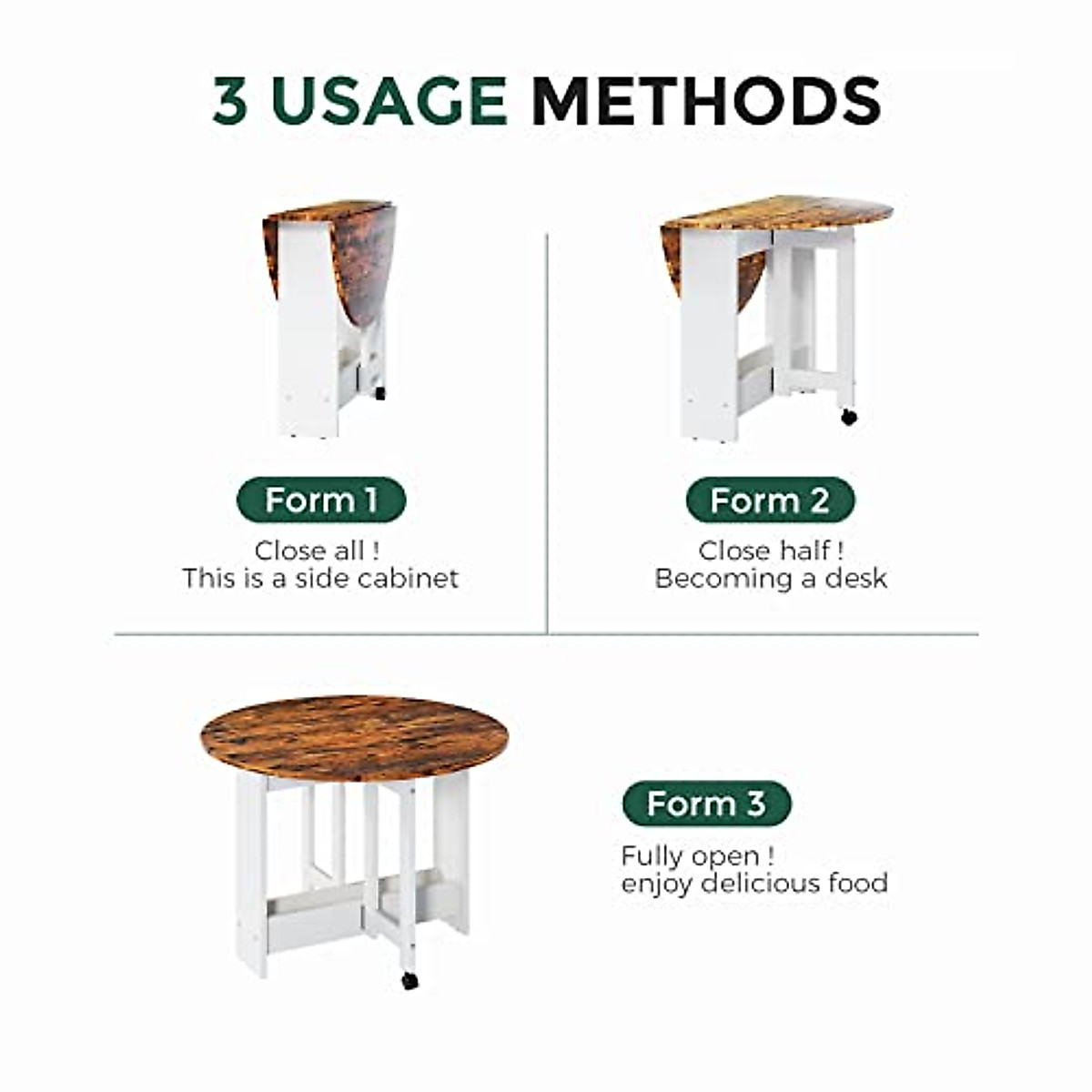Kasshom Folding Dining Table Upgrade Version, Convertible Drop Leaf Table for Kitchen/Farmhouse/Living Room, Space Saving Dining Room Table with 2 Layer Storage Racks, Rustic Brown