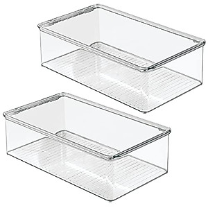 mDesign Plastic Bathroom Storage Organizer Box w/Hinge Lid for Closet Shelves, Cupboards, Holds Medicine, First Aid, Lotion, Cotton Swabs, Masks, and Styling Tools, Ligne Collection, 2 Pack, Clear
