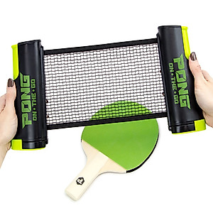 Pong on The Go Portable Table Tennis Playset - Comes with Net, 2 Black/Green Paddles, 3 Balls, and Carry Bag - Indoor/Outdoor Tabletop Travel Game Alternative to Pong Tables for All Ages