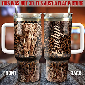 WAZONE Personalized Elephant 40oz Tumbler with Handle and Straw Custom Name Animal Wooden Drawings Stainless Steel Travel Coffee Cup With Lid Gifts for Elephants Lover Men Women Teen