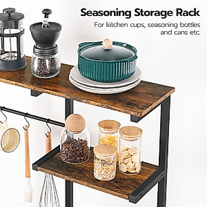 HOOBRO Large Bakers Rack with Power Outlets, 6-Tier Microwave Stand with 4 Hooks, Coffee Bar, Kitchen Shelf with Wire Basket, for Kitchen, Living Room, Office, Rustic Brown and Black BF64UHB01