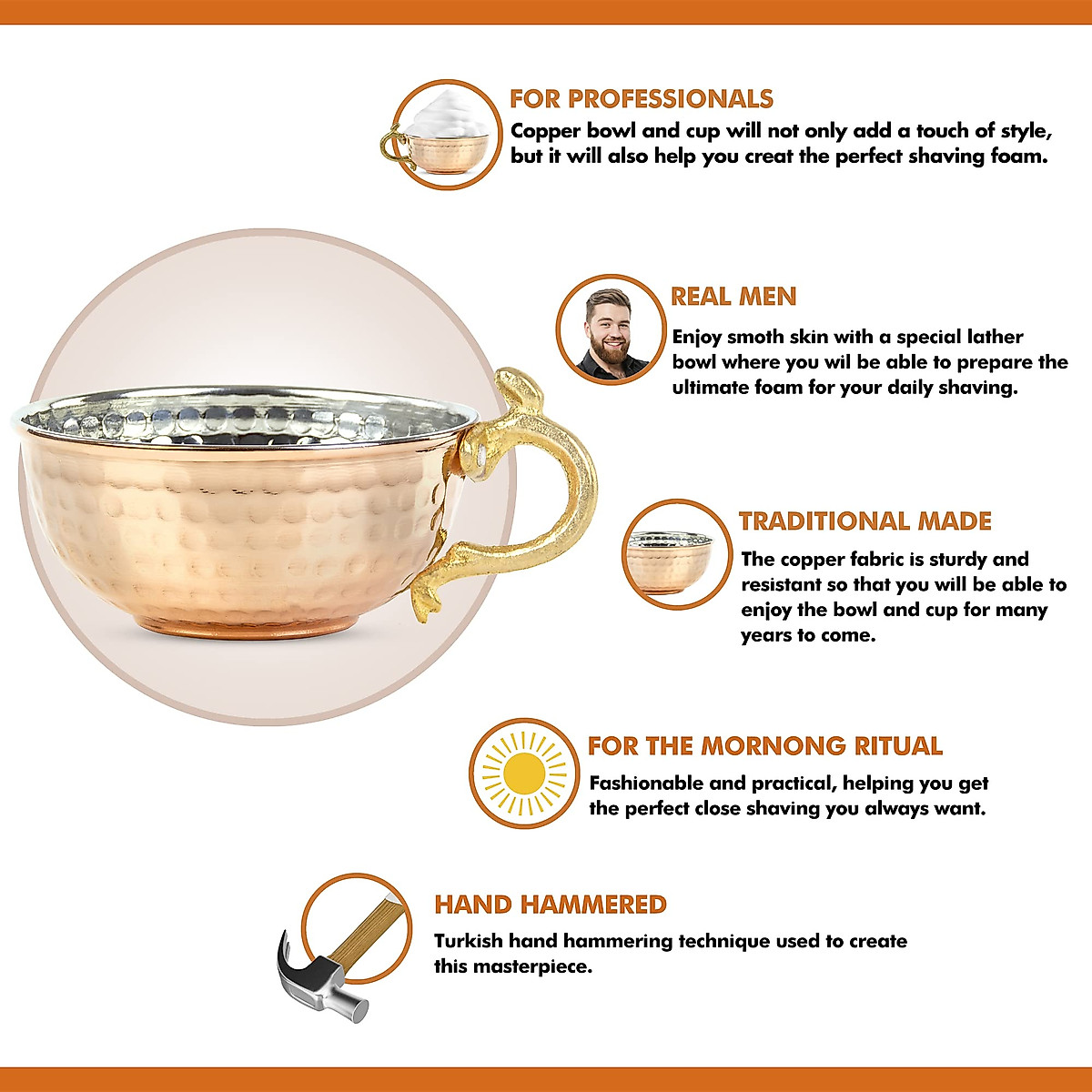 JAIRESTONE Copper Shaving Bowl and Cup - Turkish Hand Hammered Shaving Bowl - Safety Razor and Brush Holder - Traditional Shaving Cup - Lather Bowl for Shaving - Barbers Shop Utensil