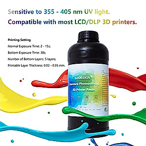 LODESIGN 3D Printer Resin Standard Photopolymer 405nm UV-Curing Resin Low Odor Low Shrinkage High Precision Printing for LCD 3D Printers Gray/500g
