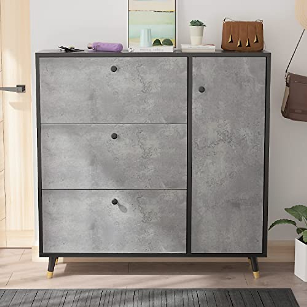 Homsee Shoe Storage Cabinet with 3 Drawers and 1 Door, 3-Tier Wood Shoe Rack Organizer for Entryway, Hallway & Closet, Black and Dark Grey (47.2”L x 9.4”W x 47.2”H)