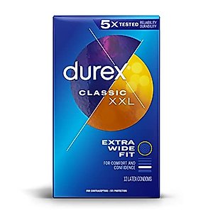Durex Condom XXL Longer & Wider Natural Latex Condoms, Extra Wide Fit, 12 Count - Ultra Fine & Lubricated (Packaging May Vary)