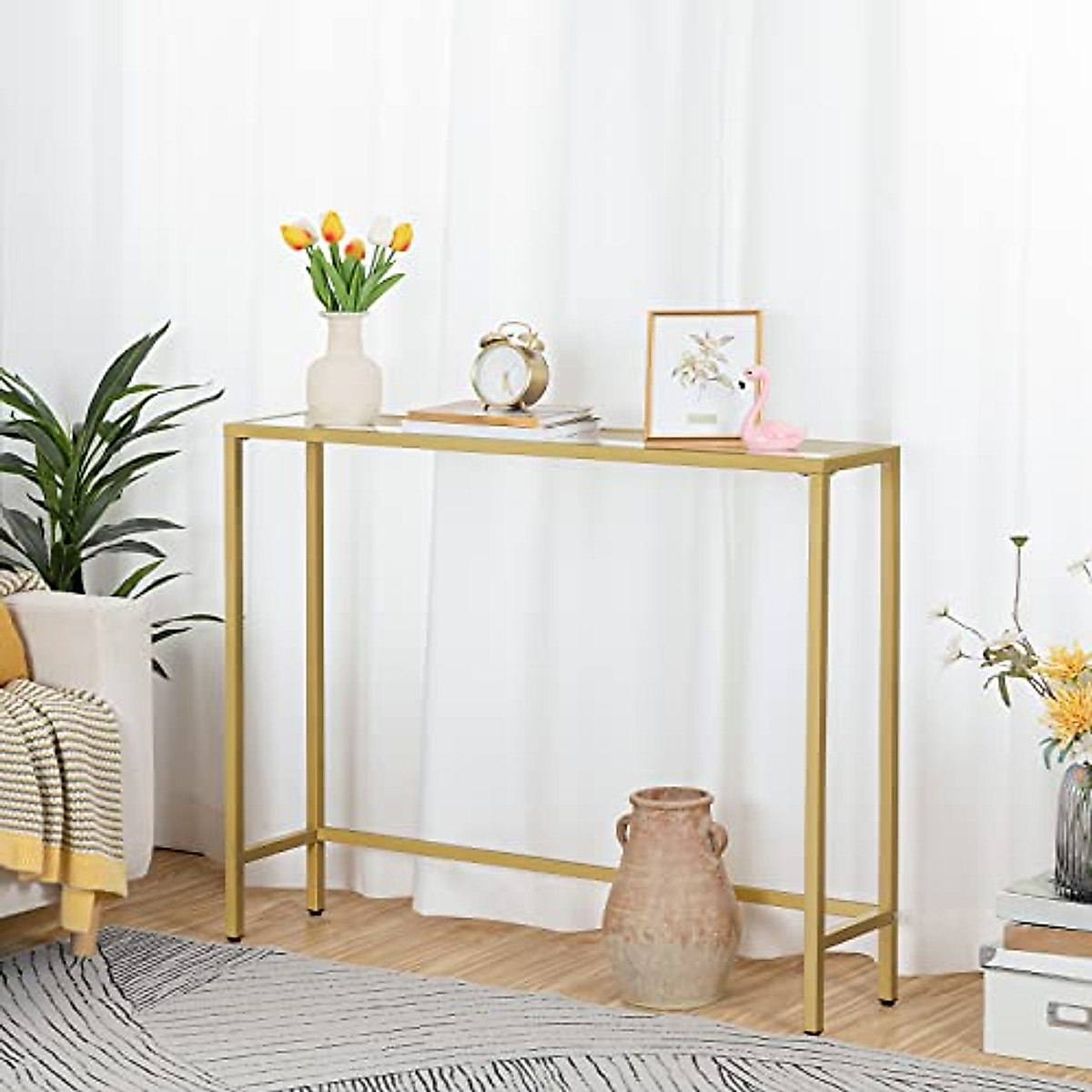HOOBRO 39.4" Console Table, Tempered Glass Sofa Table, Modern Entryway Table, Metal Frame, for Entrance, Living Room, Hallway Bedroom, Gold GD01XG01