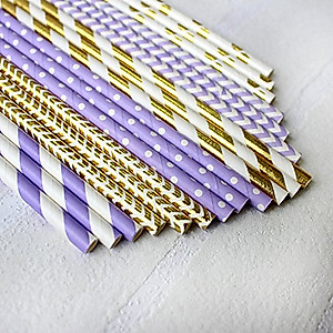 IPALMAY Purple and Gold Biodegradable Drinking Paper Straws, Striped Polka Dot Chevron, 7.75 Inches, Pack of 150
