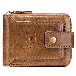 BULLCAPTAIN Genuine Leather Wallet for Men Large Capacity ID Window Card Case with Zip Coin Pocket QB-231 (Brown)