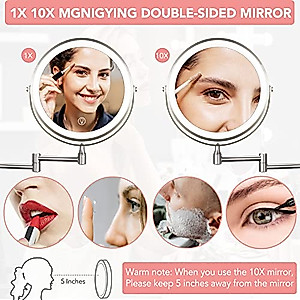Rechargeable Lighted Wall Mounted Makeup Mirror 8 Inch 1X 10X Magnifying Double Sided, Touch Dimmable 3 Color LED Lights Vanity Mirror, Extendable 360° Swivel Bathroom Mirror, Brushed Nickel