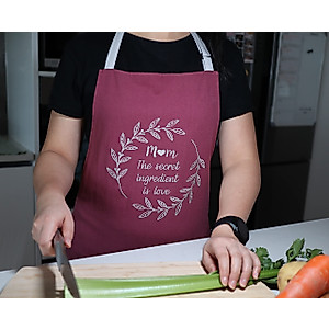 Mom Apron Set with Matching Dish Towels - Gift for Mom Wife Grandma for Cooking Baking – Mommy Apron - Kitchen Aprons for Mom Women Grandma – Cooking Aprons for Women – Cotton Linen Embroidered Apron