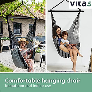 VITA5 Hanging Chair Outdoor & Indoor- Sturdy & Safe Hammock Chair - Stylish Boho Hanging Chair for Bedroom Decor - Easy to Assemble Hammock Swing - Comfy Padded Hanging Swing - Swinging Chair