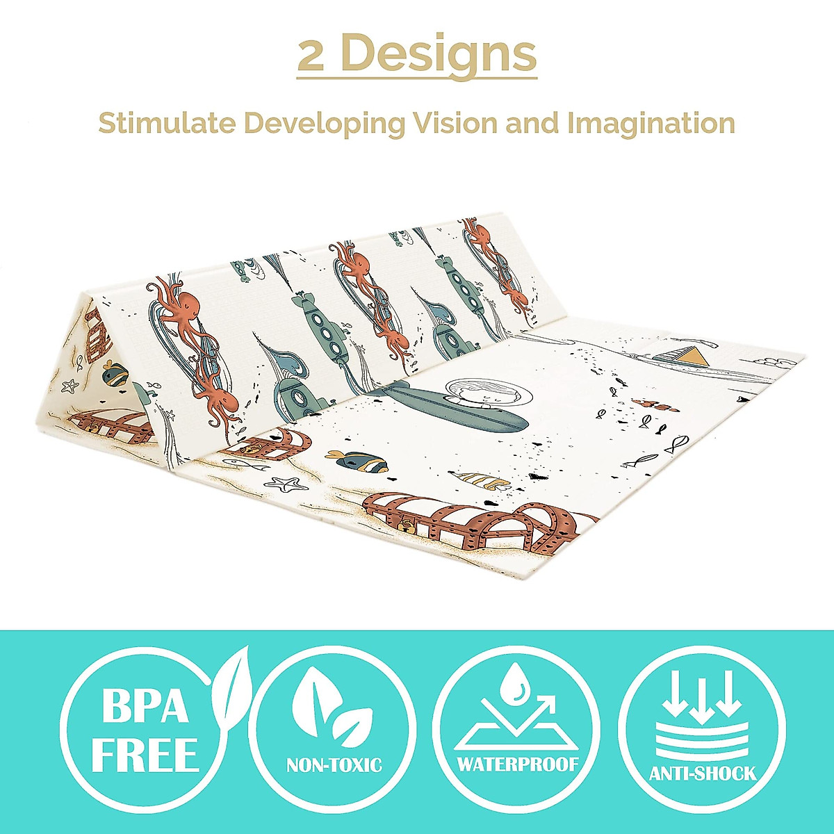 JumpOff Jo - Large Waterproof Foam Padded Play Mat for Infants, Babies, Toddlers, Play Pens & Tummy Time, Foldable Activity Mat, 70 in. x 59 in. - Octopus Treasure