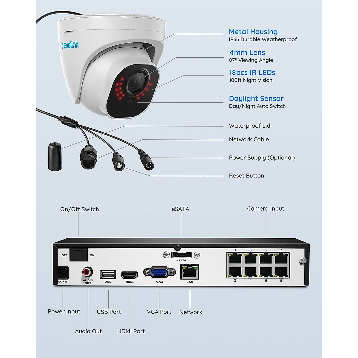 REOLINK 4K Security Camera System, 4pcs H.265 PoE Wired Turret 4K Cameras with Person Vehicle Detection, 4K/8MP 8CH NVR with 2TB HDD for 24-7 Recording, RLK8-800D4