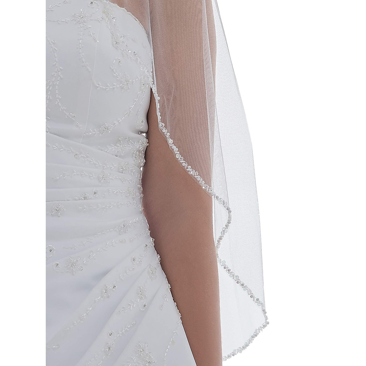 SAMKY 1T 1 Tier Crystal Pearl Beaded Edge Bridal Wedding Veil - White Fingertip Length 36" V575