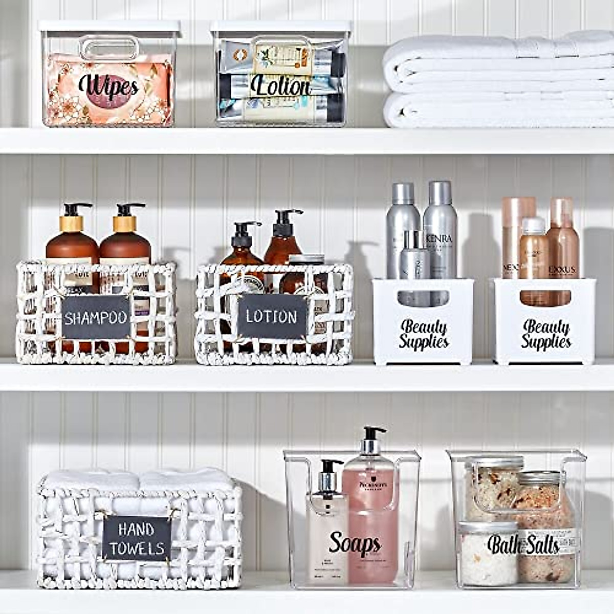 mDesign Plastic Storage Organizer Wide Container Bin with Handles for Bathroom, Home Organization - Holds Vitamins, Supplements, Makeup, Styling Tools - Ligne Collection - 4 Pack - White