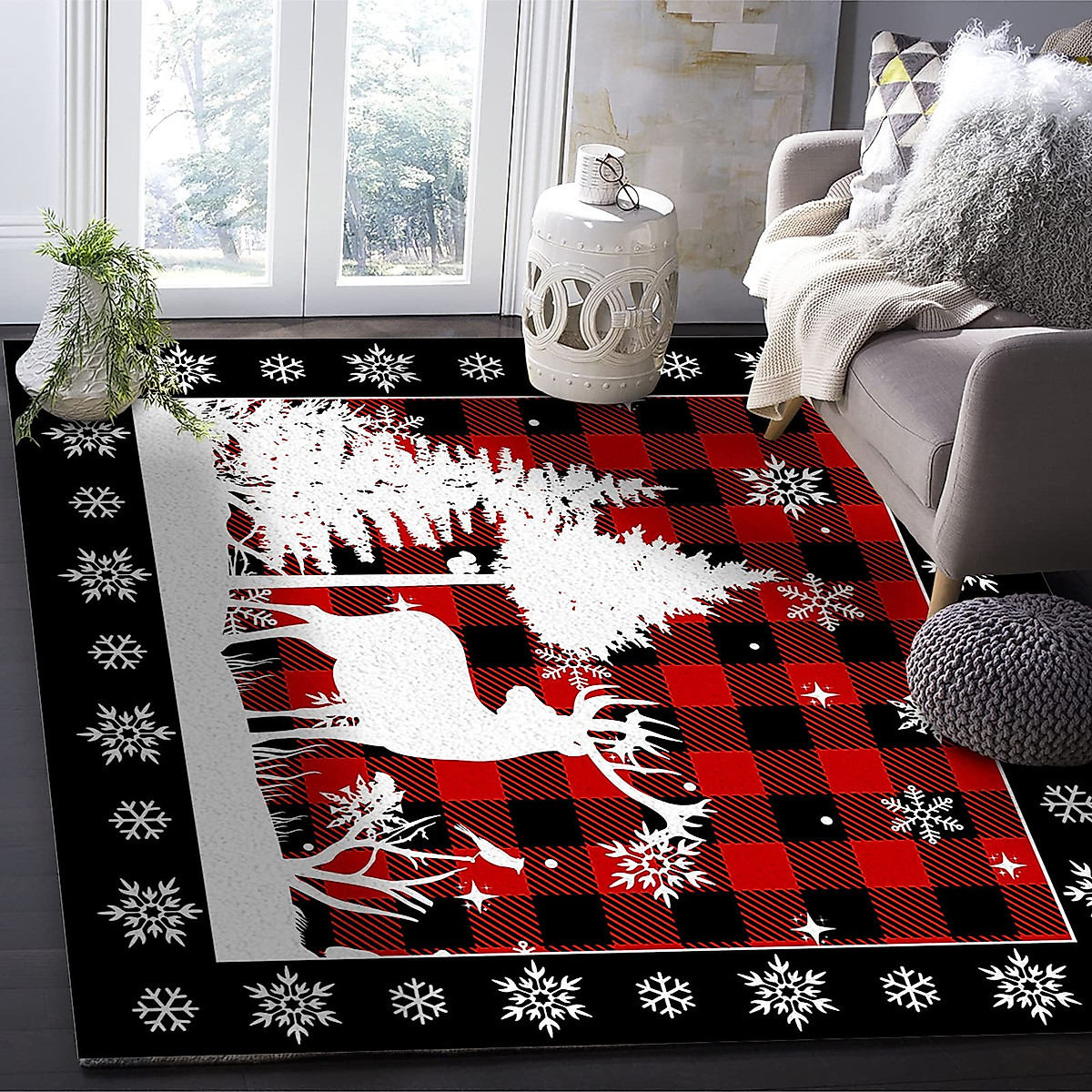 Seven Roses Rectangular Area Rug for Living Room, Bedroom, White Xmas Tree Elk Snowflake Non-Slip Residential Carpet, Kitchen Rugs, Red Buffalo Plaid Christmas Floor Mat with Rubber Backing 2' x 3'