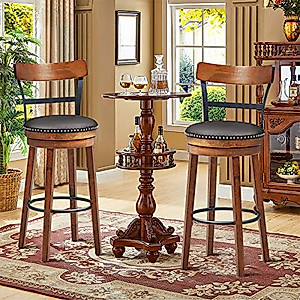 COSTWAY Bar Stools Set of 2, 360-Degree Swivel Stools with Leather Padded Seat, Single Slat Ladder Back & Solid Rubber Wood Legs, Bar Height Stools for Pub, Restaurant, Kitchen, Brown (2, 30.5)