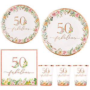 Crisky 50th Birthday Napkins and Plates for Women Rose Gold Floral Party Decoration, 50 and Fabulous Plates and Napkins for Women 50th Birthday.