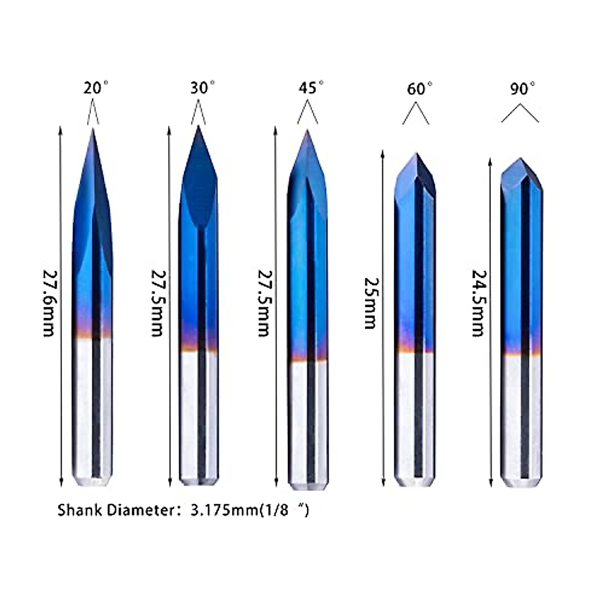 20/30/45/60/90deg 0.1mm Triangular CNC Router Bits Set, 1/8" Shank Engraving Carving V-Bit with Nano Blue Coating Sharp Pyramid Bits for Acrylic Wood MDF Aluminum Lettering Sign Making