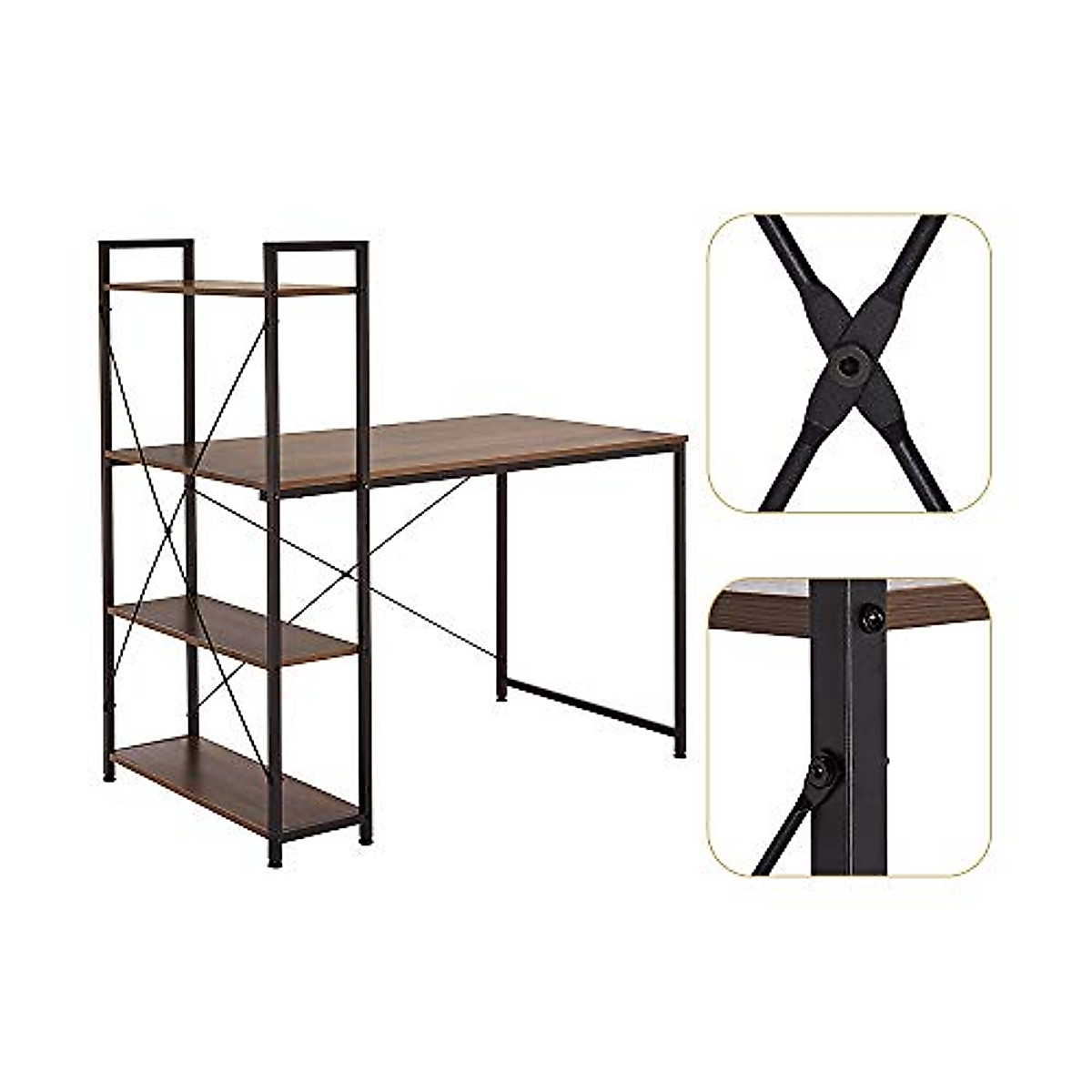 Coral Flower Tower Computer Desk with 4 Tier Shelves - 47.6'' Multi Level Writing Study Table with Bookshelves Modern Steel Frame Wood Desk Compact Home Office Workstation (Natural brown)