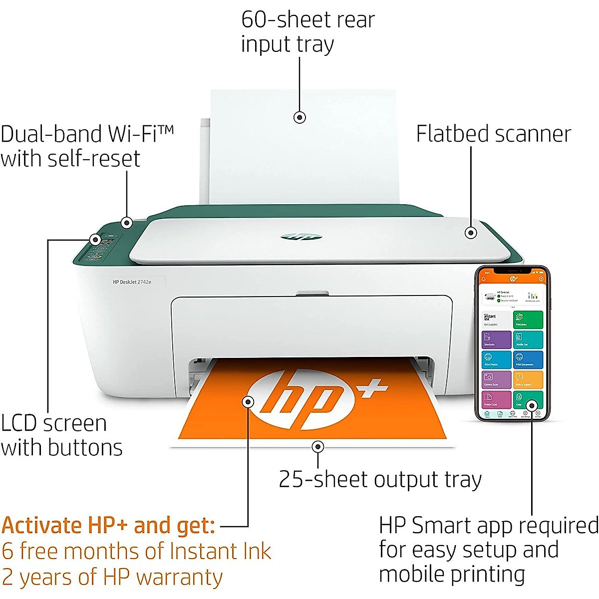 HP DeskJet 27 42e Series Wireless Inkjet Color All-in-One Printer - Print Copy Scan - Mobile Printing - USB Connectivity - Up to 7 ISO PPM - Up to 4800 x 1200 DPI - Sequoia + HDMI Cable