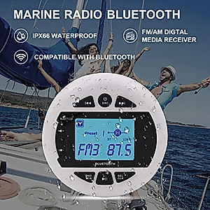 Herdio Marine Radio and Speakers Set Compatable with Bluetooth, Marine Gauge Head Unit+6.5 Inch Marine Flush Wall Mount Ceiling Speakers+Rubber Flexible Mast FM AM Antenna White