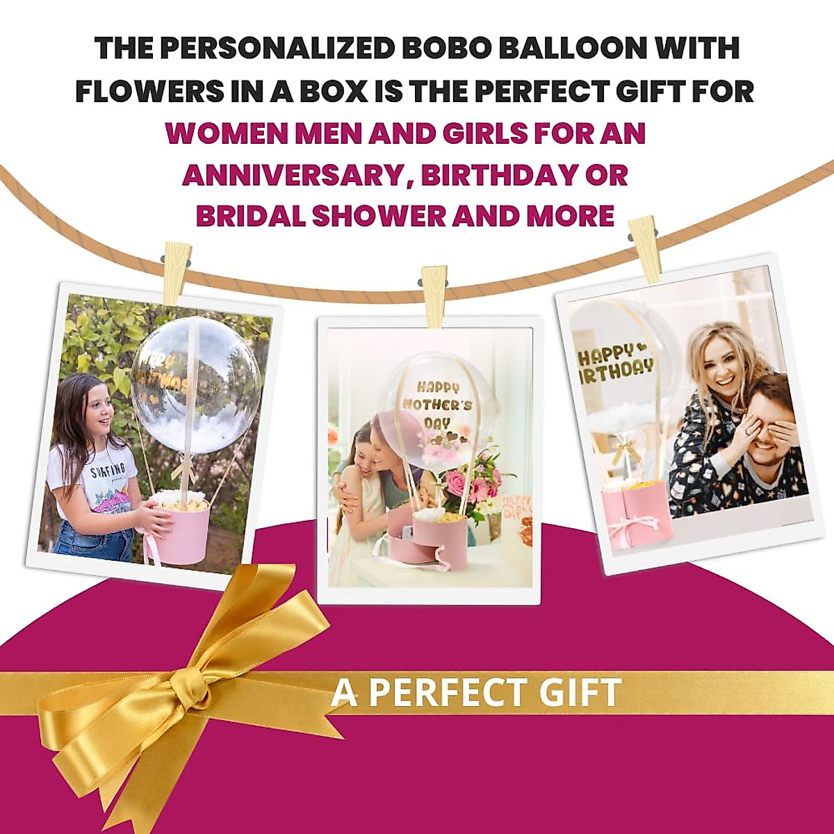 Surprise Gift Box for Women with Bobo Balloon & Letters for Happy Birthday, Mother’s Day, Valentine's Day, Anniversary. Premium Present with Mock Flowers for Mom, Wife, Girlfriend, Sister, Pink