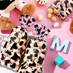 Pasimy 100 Pcs Pink Cow Print Gift Bags Pink and Black Goodie Bags Cowgirl Cellophane Treat Bags Farm Animal Plastic Candy Bags with 100 Twist Ties for Cow Baby Shower Birthday Party Supplies Favors
