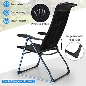 Tangkula Folding Patio Chairs, Set of 2 Outdoor Dining Chairs & Ottomans, Lawn Chairs with 7-Level Adjustable Backrest, Armrests, Mesh Pocket, Portable Lounge Chairs & Footrests for Backyard, Camping