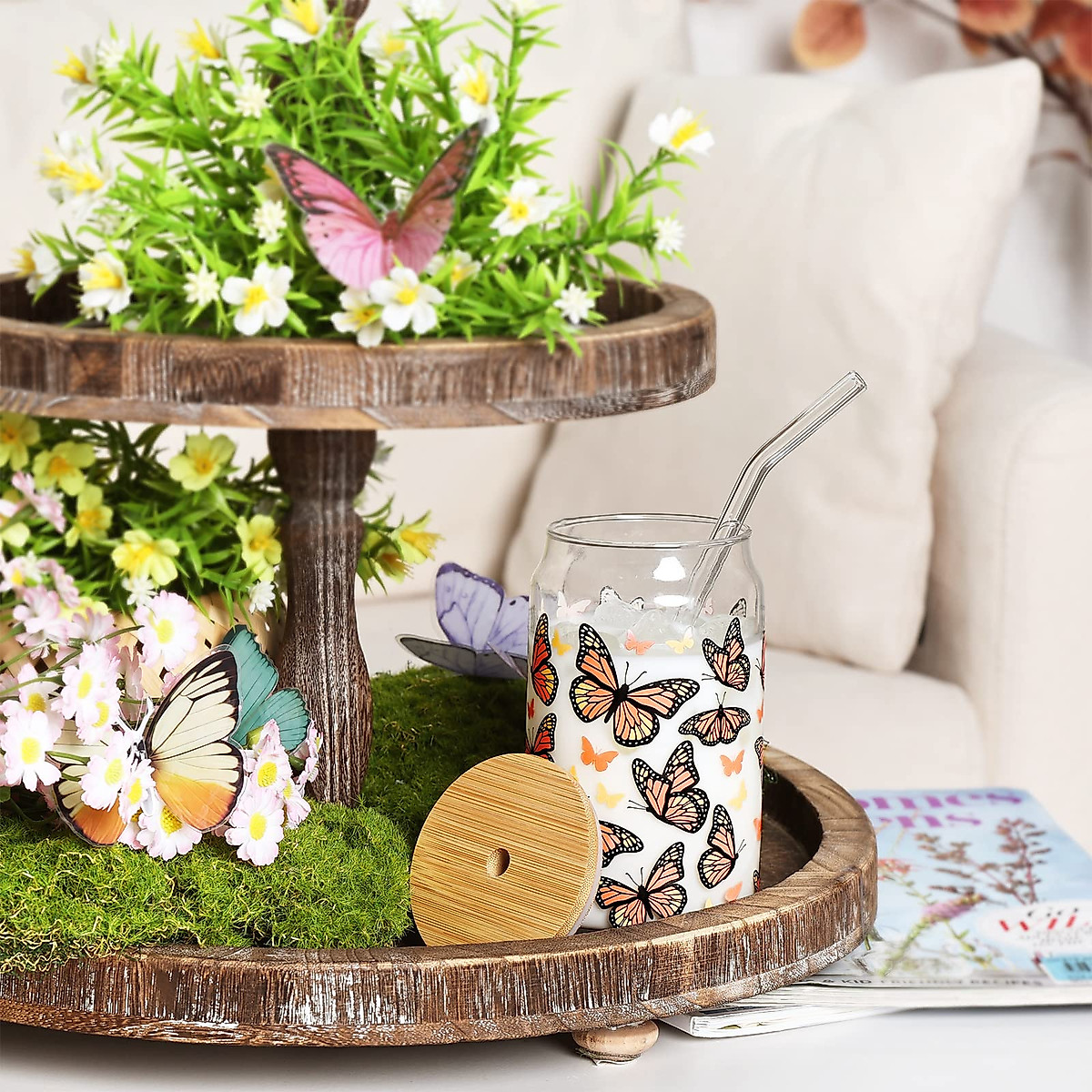 Nefelibata Monarch Butterfly Beer Can Glass Color Changing Iced Coffee Glass 16 OZ Orange Butterflies Art Glass Mug Present with Lid Drinking Straw Spring Summer Memorial Gifts for Mom Aunt Friend