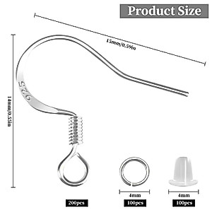 200 PCS/100 Pairs 925 Sterling Silver Earring Hooks Hypoallergenic Silver Ear Wires Fish Hooks with 100 PCS Clear Silicone Earring Backs and 100 PCS Jump Rings for DIY Jewelry Making