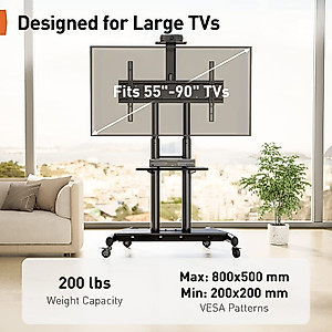 Perlegear Mobile TV Stand, Rolling TV Cart for 55-90 inch Flat/Curved TVs up to 200 lbs, Adjustable Rolling TV Stand with Camera Shelf, Floor TV Stand on Wheels, Max VESA 800x500mm, PGTVMC07