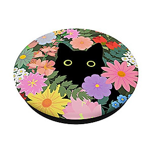 Black Cat Hiding in Spring Flowers PopSockets Grip and Stand for Phones and Tablets