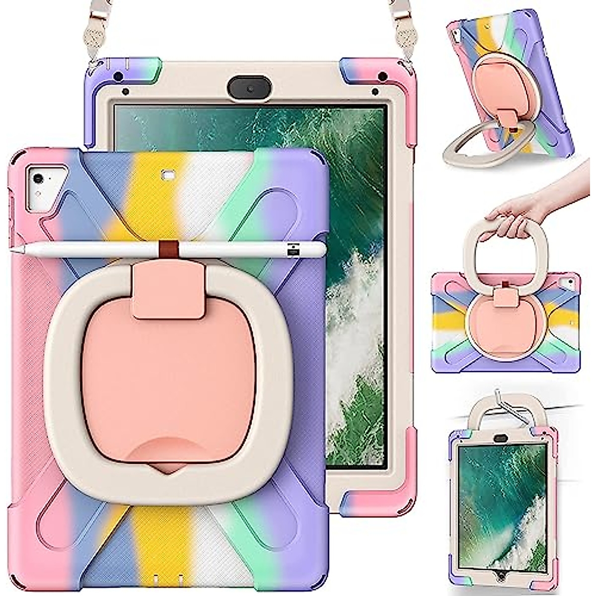 KENOBEE Case for iPad 9.7 6th/5th 2018/2017 / Air 2 / Pro 9.7, 360° Rotating Multi-Functional Handle-Kickstand Shockproof Cover Built-in Screen Protector & Shoulder Strap, Rainbow Pink